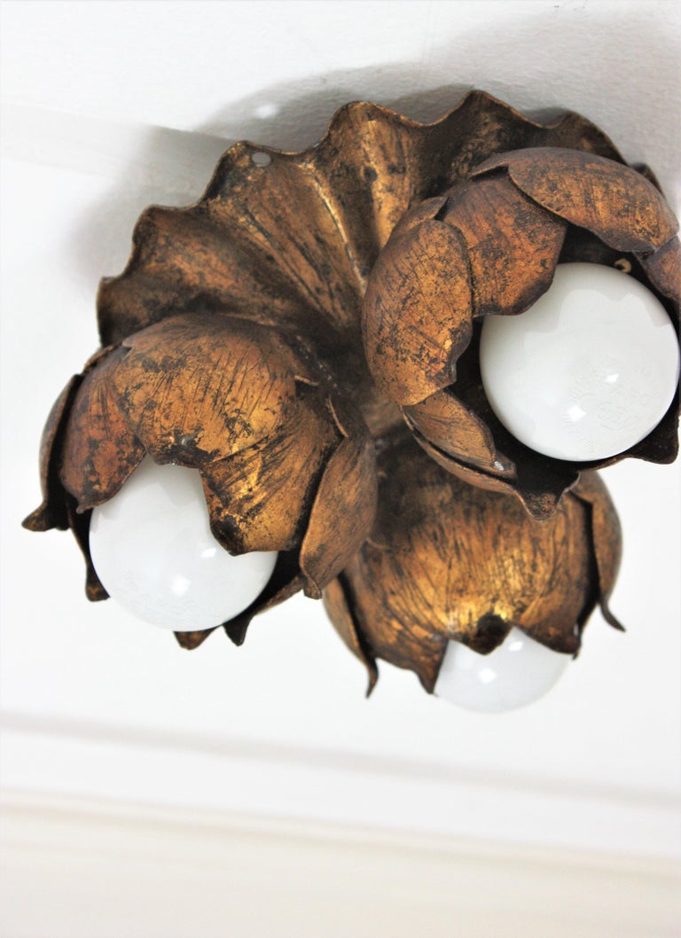 French Floral Flower Bouquet Wall or Ceiling Light Fixture in Gilt Iron ...