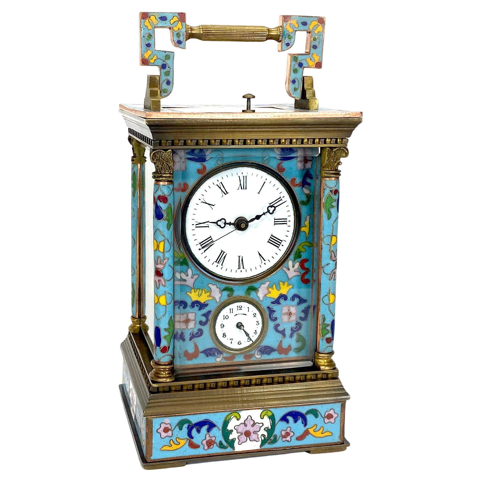French Floral Red Enamel Brass 8 Day Repeater Calendar Carriage Clock ...