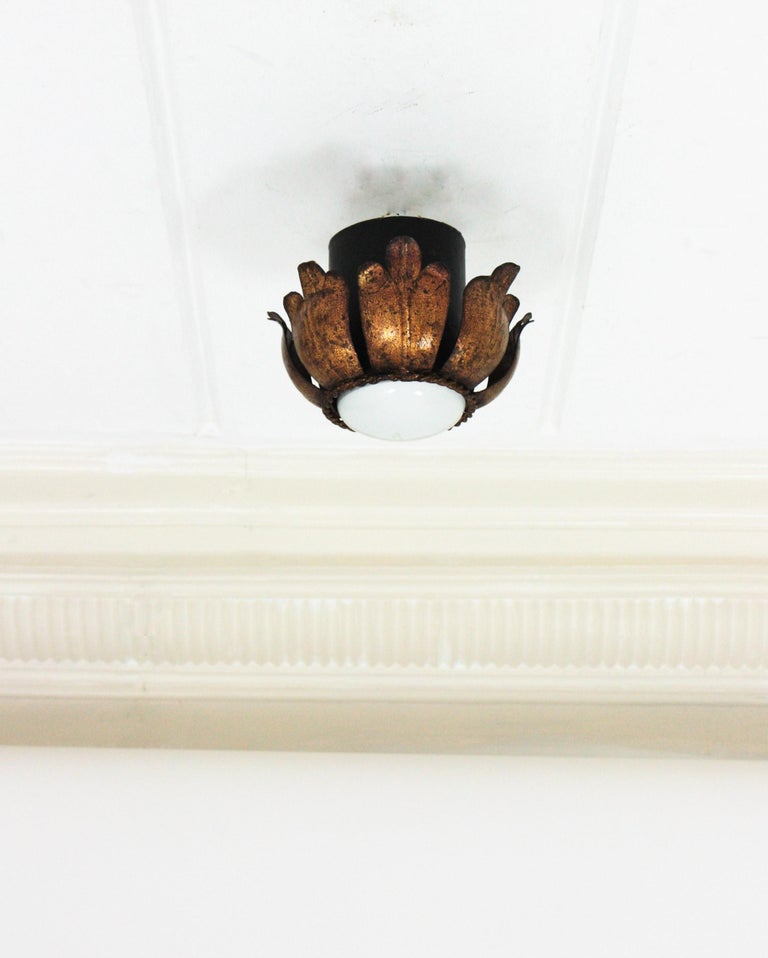 French Flower Bud Light Fixture in Black and Gold Leaf Gilt Iron at 1stDibs