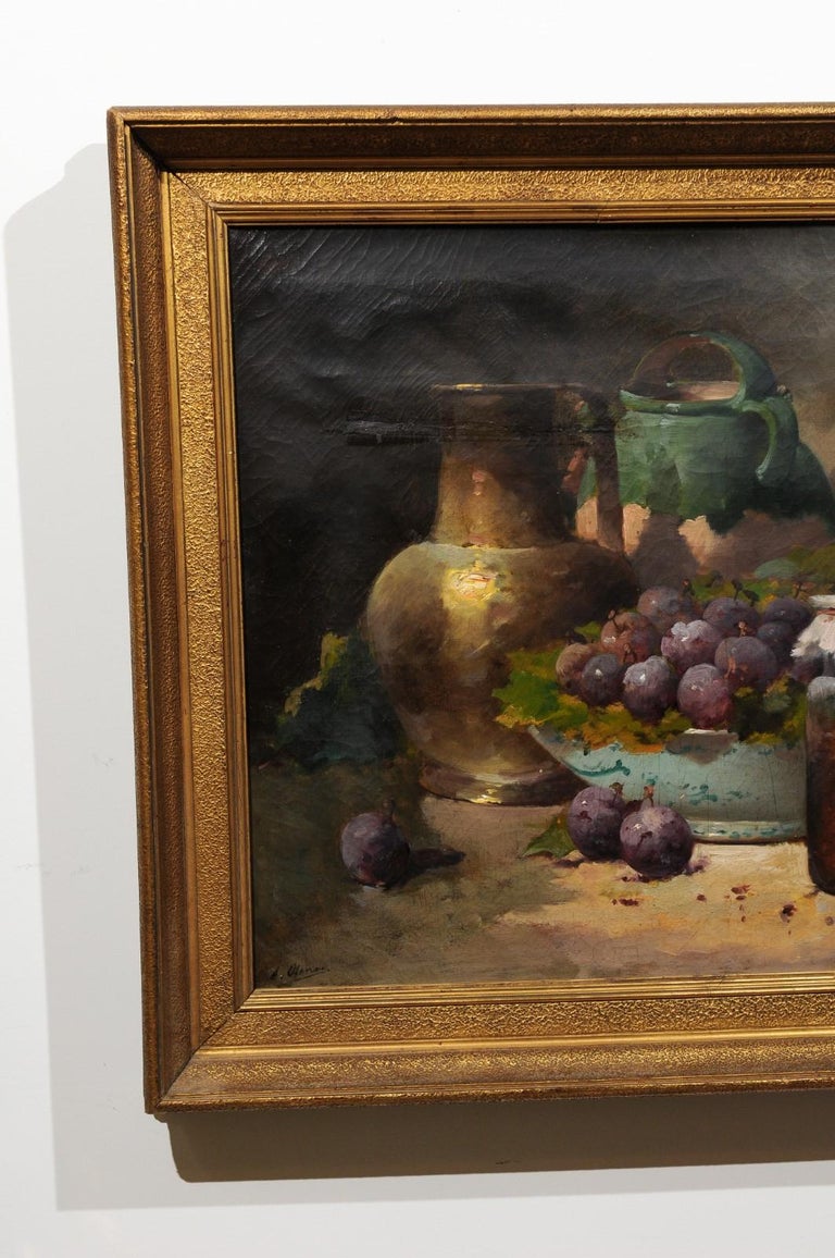 French Framed and Signed Oil on Canvas Still-Life Painting with Fruits and Honey For Sale at 1stDibs