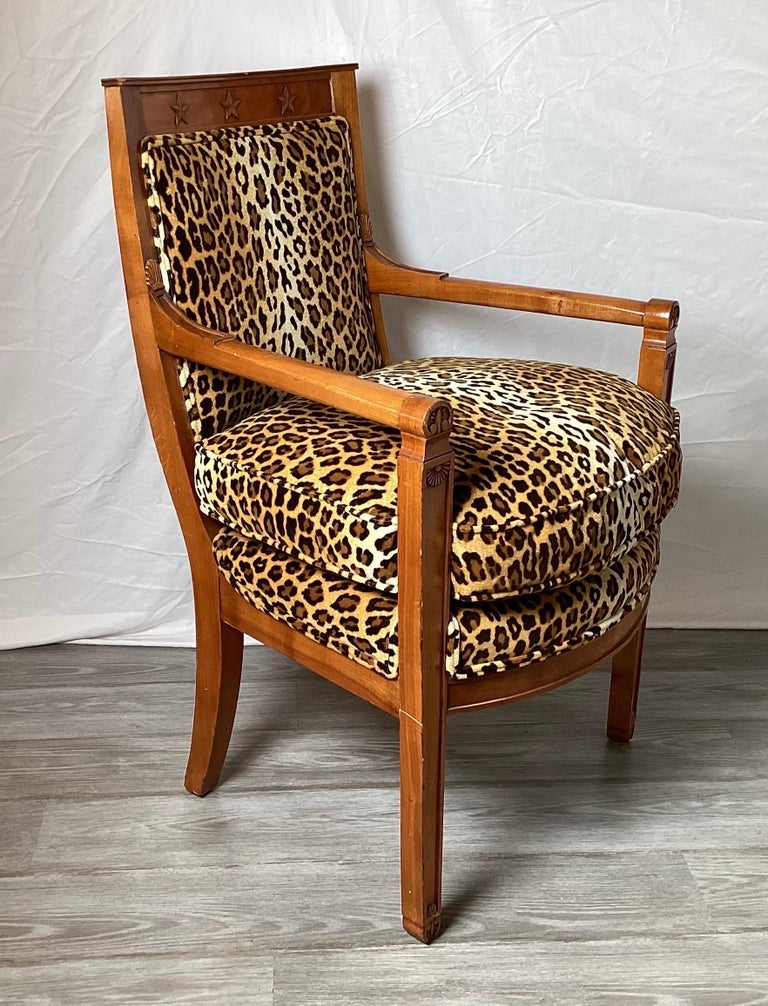 French Fruitwood Armchair with Leopard Pattern Velvet For Sale at 1stDibs