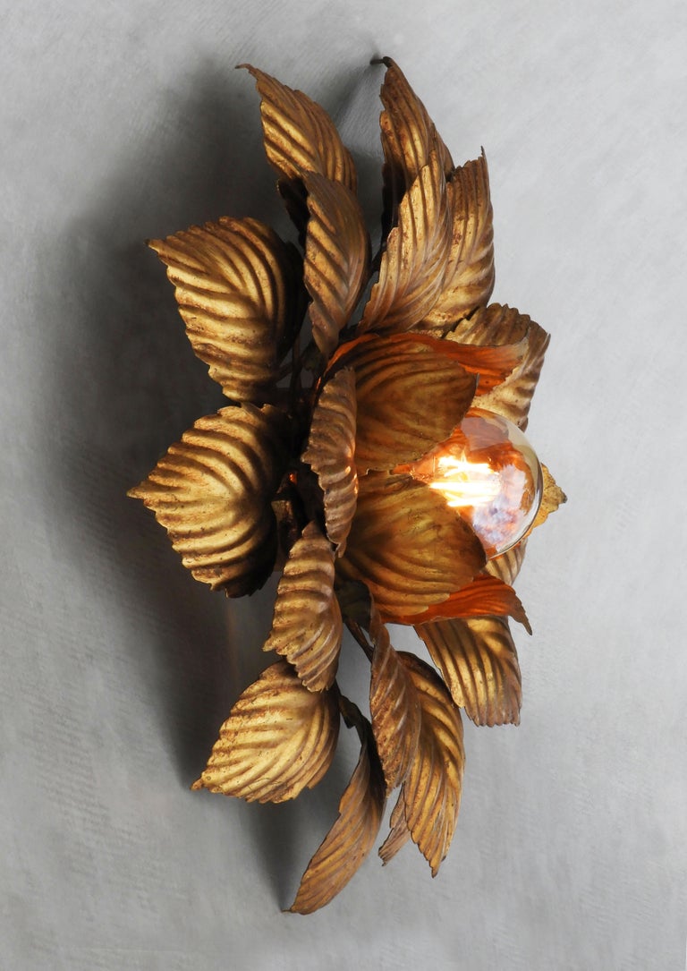 French Gilded Rose Leaf Flush Mount Ceiling Light or Wall Sconce, circa ...