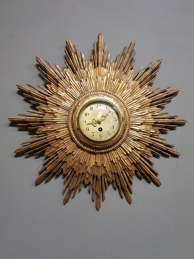 French Gilded Sunburst Signed Japy Frères Clock, circa 1920 For Sale at 1stDibs