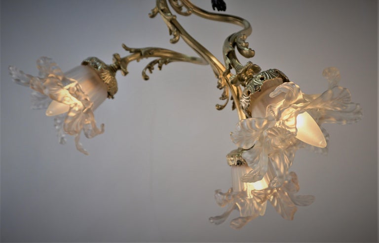 French Gilt and Patinated Bronze Hand Blown Glass Cherub Chandelier For ...
