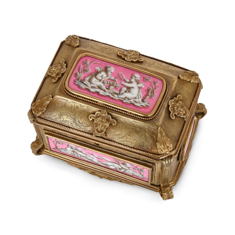 French Gilt Bronze and Pink Porcelain Jewellery Box by Tahan For Sale ...