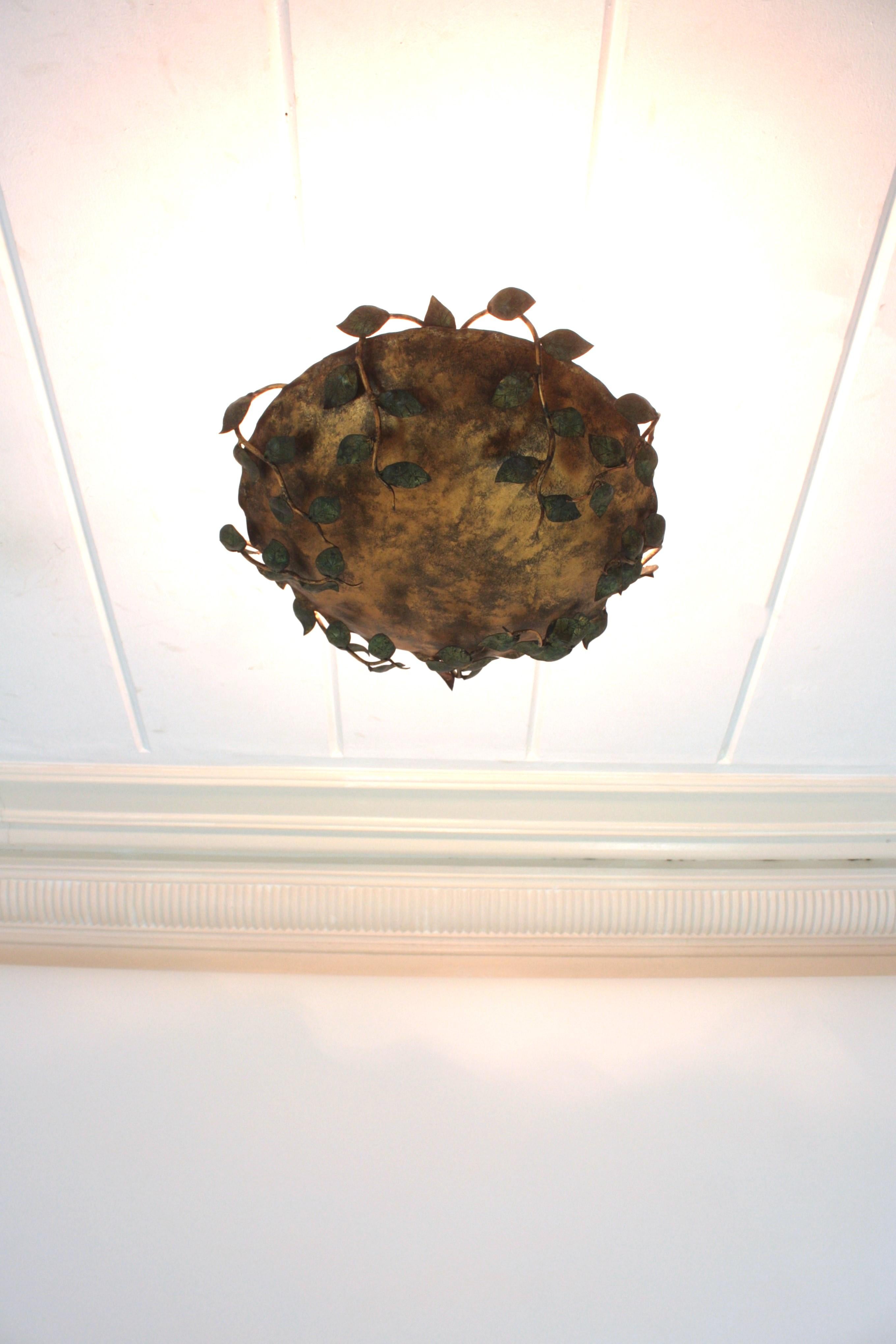 French Gilt Iron Ceiling Light Fixture with Foliage Accents in Green ...