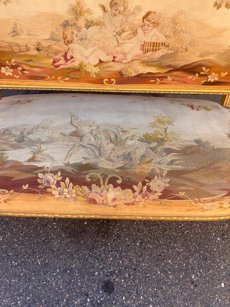 French Giltwood Settee with original aubusson tapestry For Sale at 1stDibs