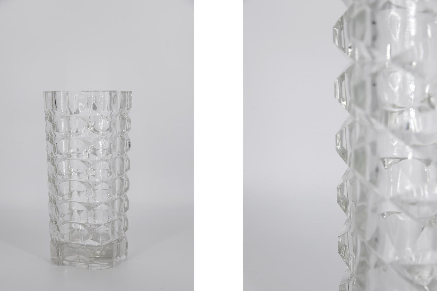 Vintage French Art deco Geometric Glass Windsor Tall Vase from Luminarc ...