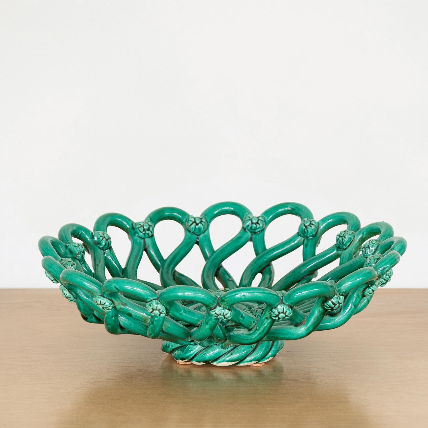 French Green Ceramic Woven Bowl For Sale at 1stDibs
