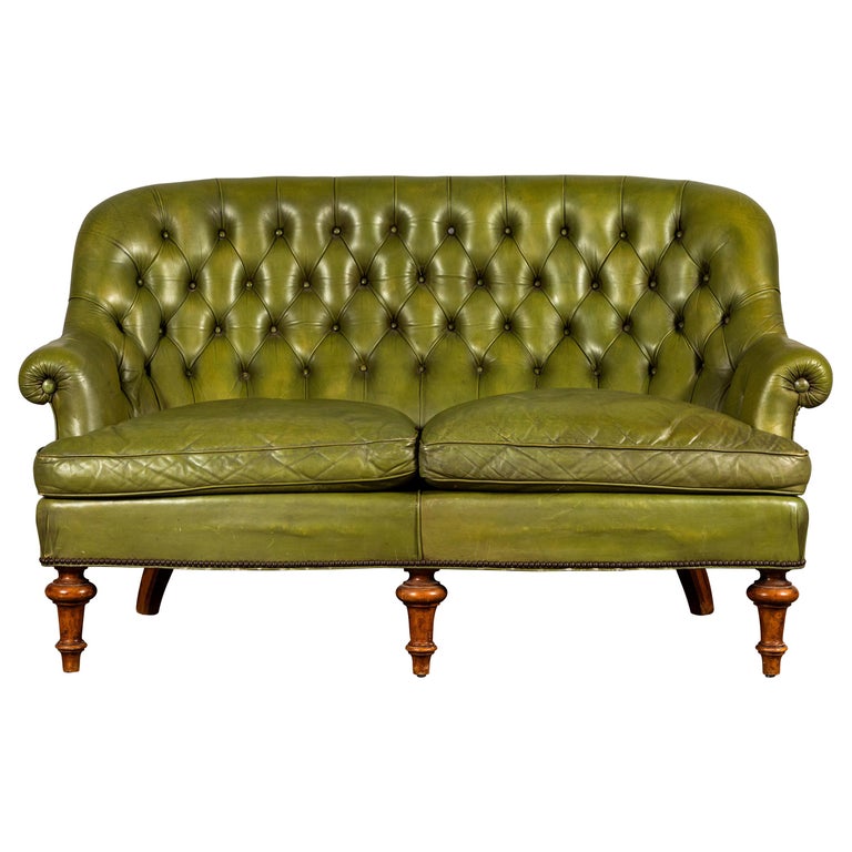 French Green Leather Tufted Settee at 1stdibs