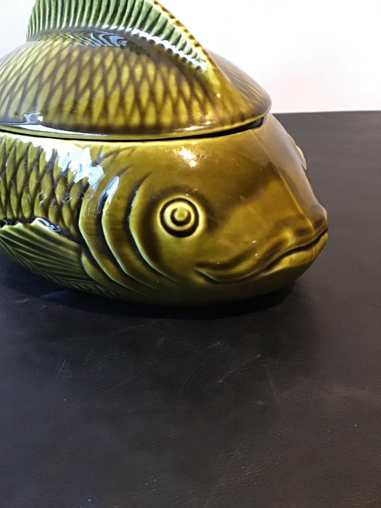 French Green Majolica Fish Tureen by Sarreguemines For Sale at 1stDibs