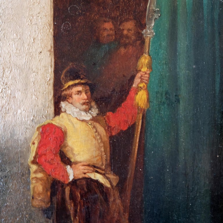 French Guard Oil Painting on Oak Panel with Old Gallery Label at 1stDibs