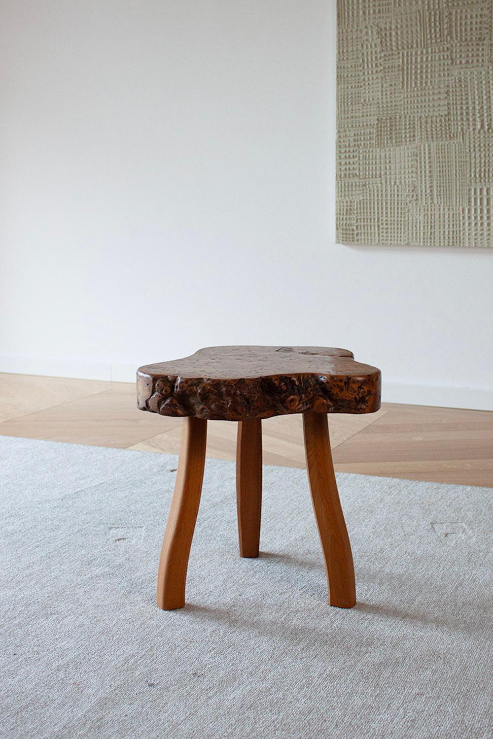 French hand carved Burl wood Three Legged Stool (3 of 4) For Sale at ...