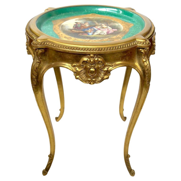 French Hand Carved Table with Porcelain Plaque and Gold Finish For Sale ...