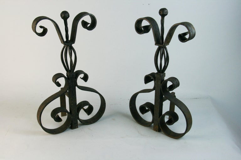 French Hand Forged Pair Basket Top Andirons 1930's For Sale at 1stDibs