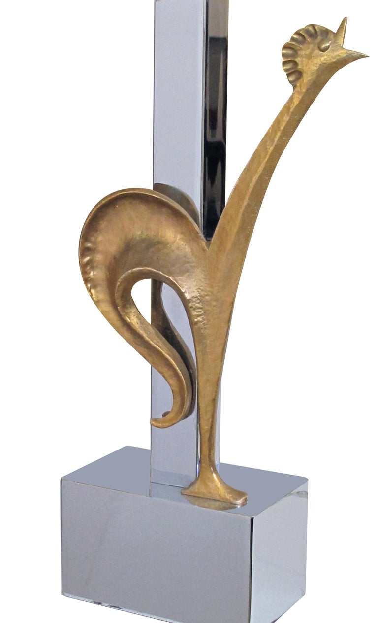 French Hand-Hammered Gilt Bronze and Chrome 'Rooster' Lamp by Maison ...