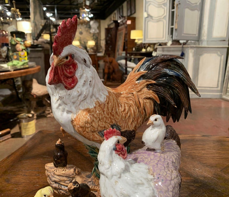 French Hand Painted Barbotine Ceramic Chicken Family Sculpture at 1stDibs