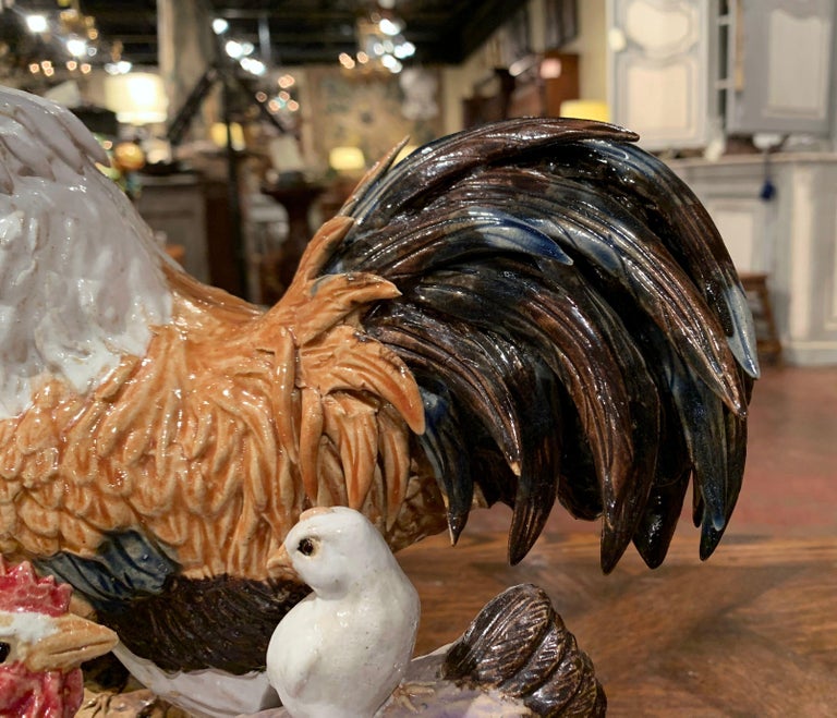 French Hand Painted Barbotine Ceramic Chicken Family Sculpture at 1stDibs