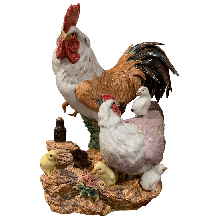 French Hand Painted Barbotine Ceramic Chicken Family Sculpture at 1stDibs