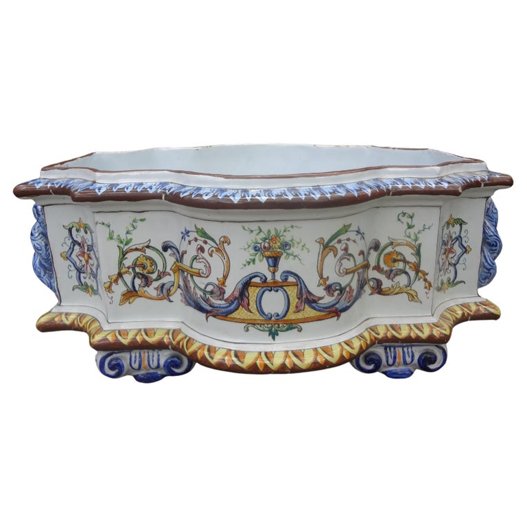 French Hand Painted Faience Jardiniere Or Cachepot For Sale at 1stDibs