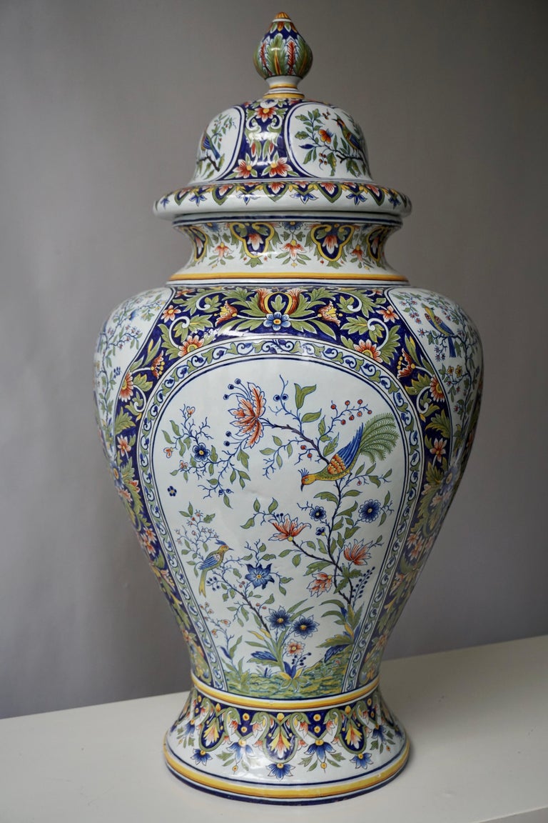 French Hand Painted Faience Urn or Vase with Flowers and Birds Motifs ...