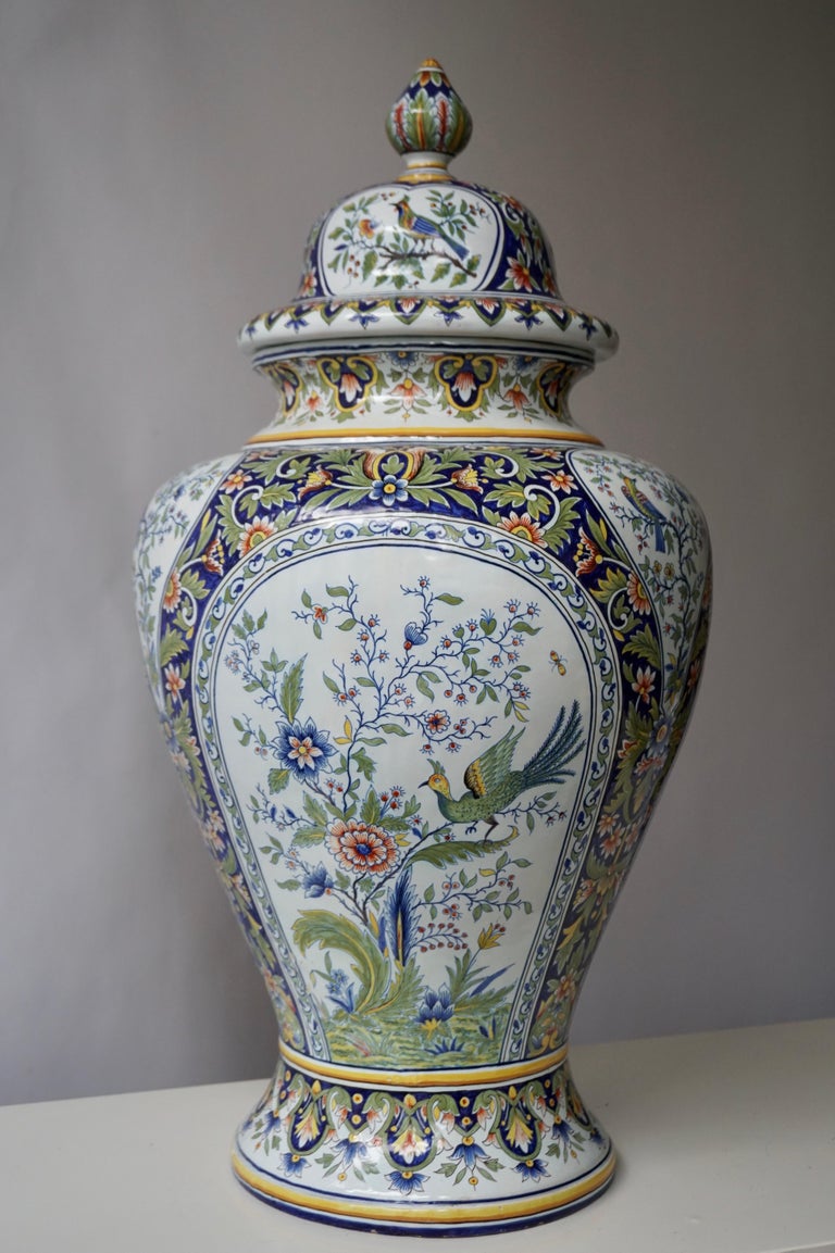 French Hand Painted Faience Urn or Vase with Flowers and Birds Motifs ...