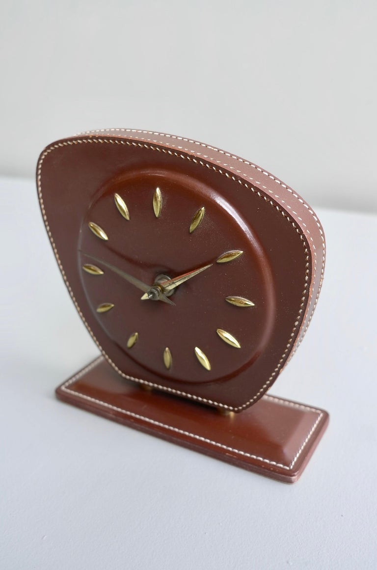French Handstitched Brown Leather Clock, Jacques Adnet Attributed ...