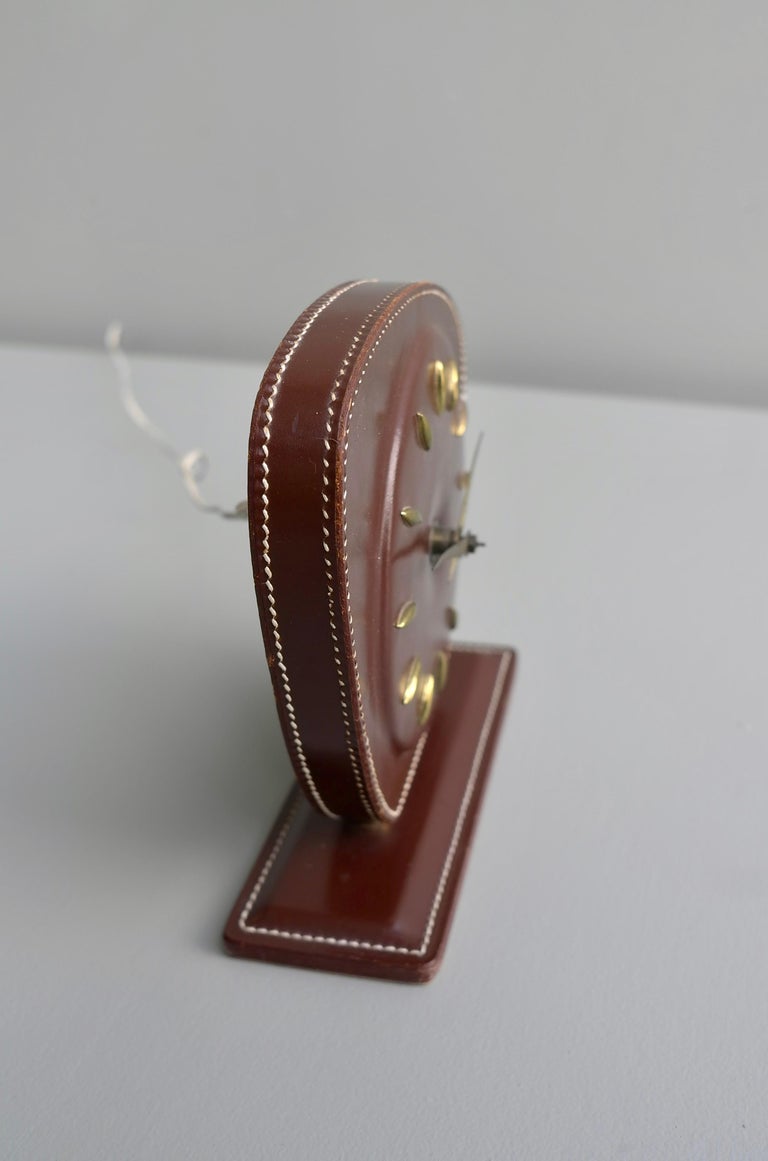 French Handstitched Brown Leather Clock, Jacques Adnet Attributed ...