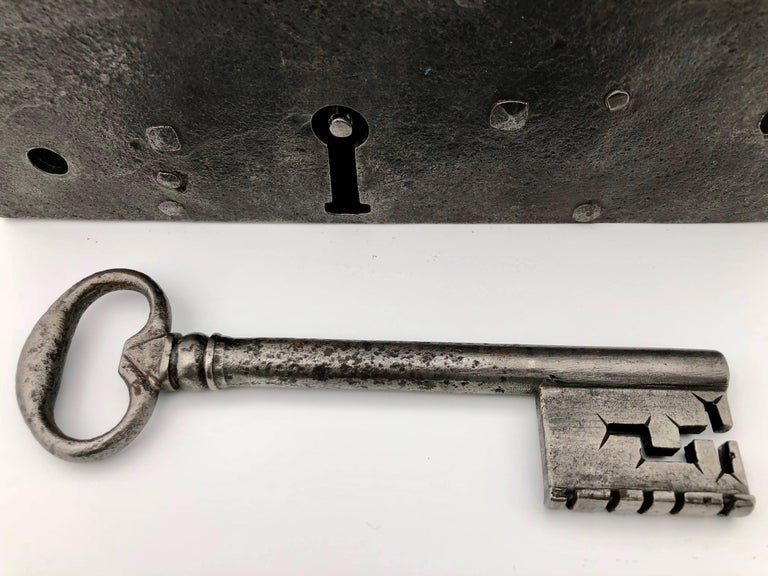 French Hand-Wrought Iron Box Shaped Lock with Forged Key, Louis XVI at ...