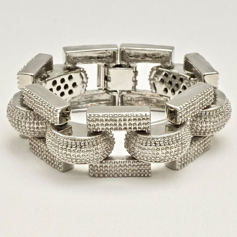 French Heavy Silver Tone Tank Style Link Bracelet with Dome Decoration ...