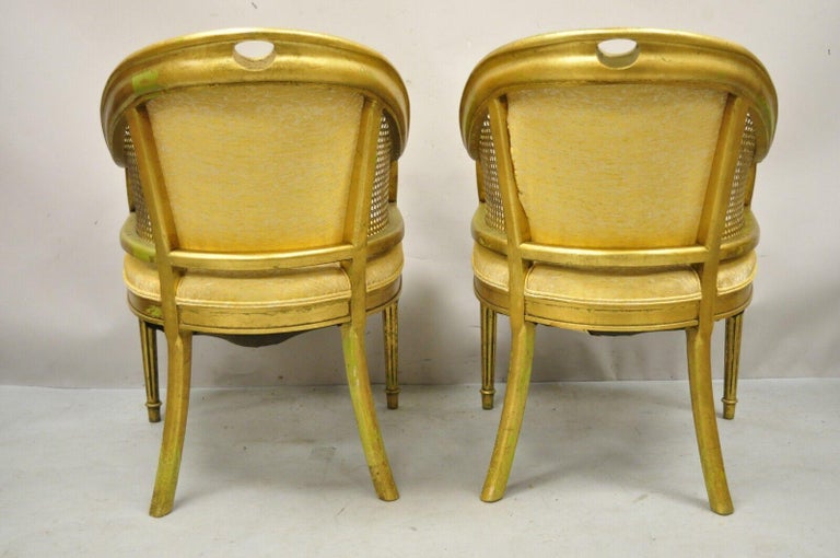 French Hollywood Regency Gold Gilt Barrel Back Cane Lounge Chairs, a ...