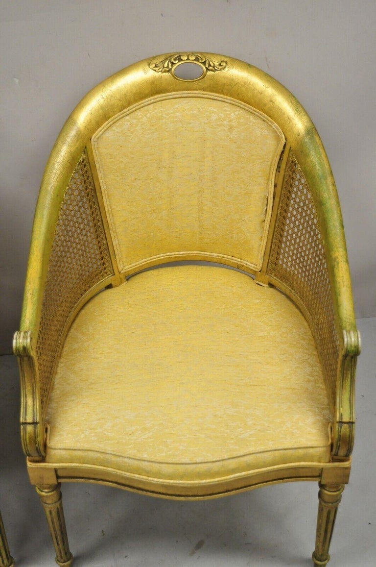 French Hollywood Regency Gold Gilt Barrel Back Cane Lounge Chairs, a ...