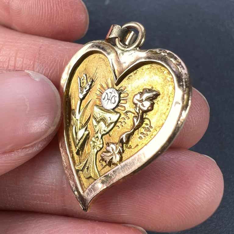 French Holy Communion 18K Yellow Rose White Gold Charm Pendant For Sale ...