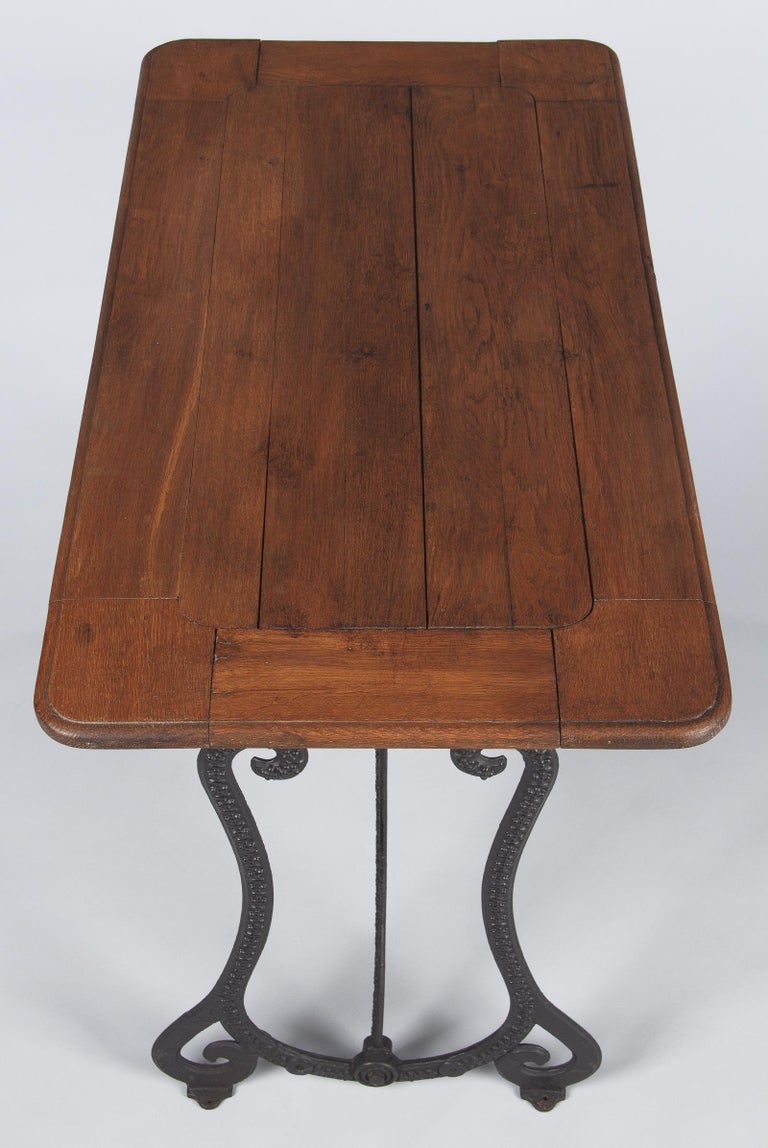 French Industrial Console Table with Iron Base and Oak Top, Early 1900s ...