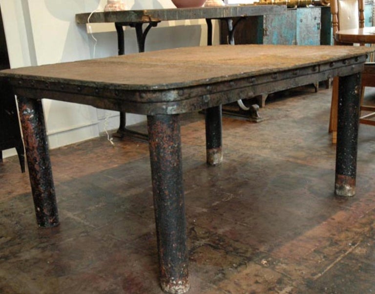 French Industrial Patinated Steel Workshop Table For Sale at 1stDibs