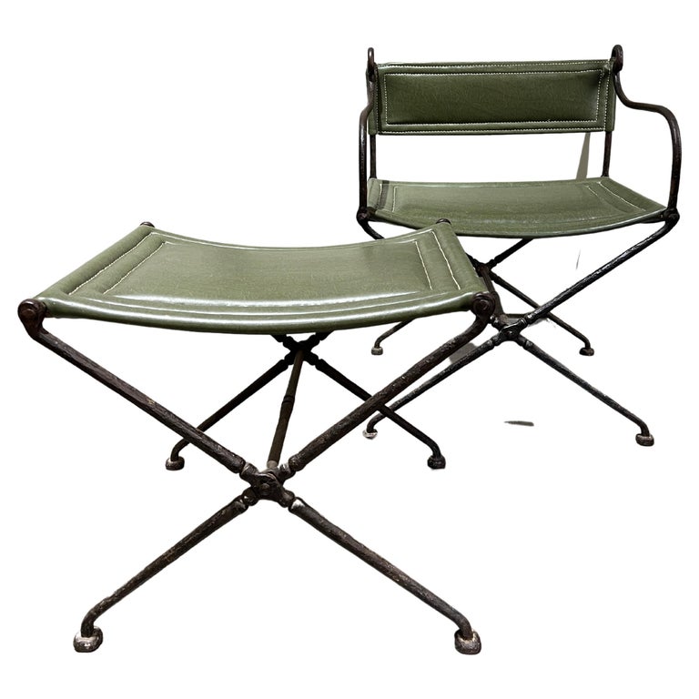 French Iron Armchair and His Stool with Green Skaï Fabric, circa 1940 ...