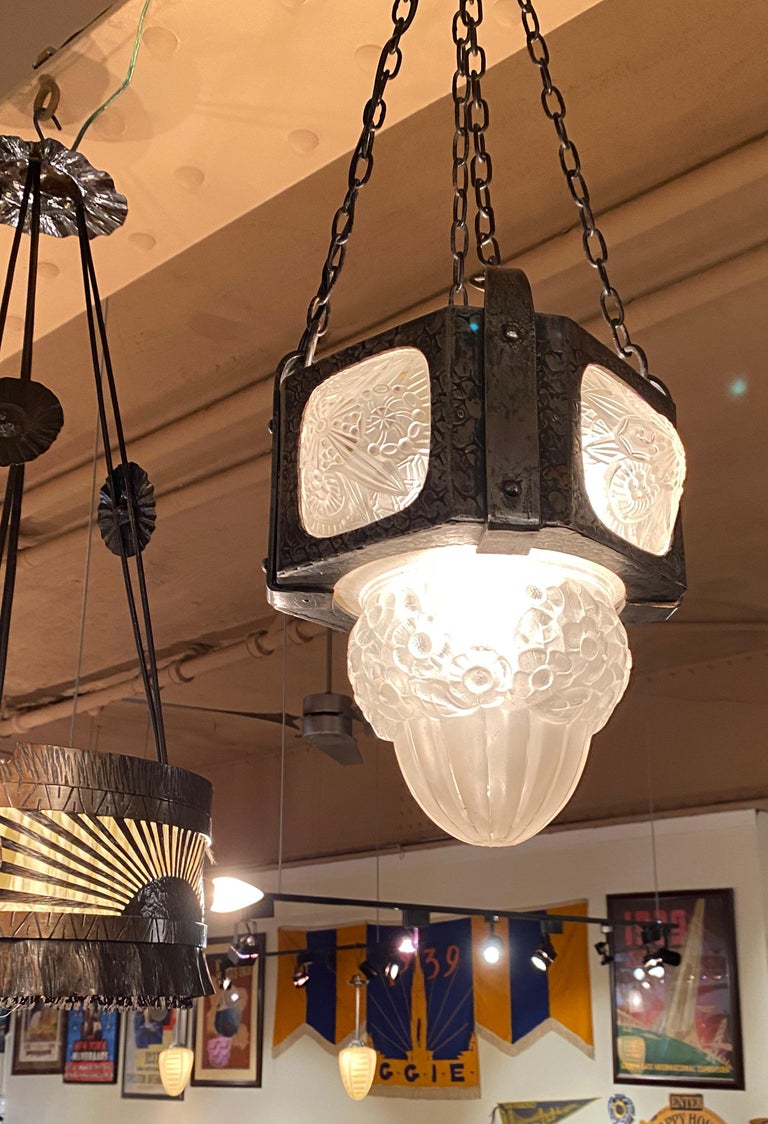 French Iron Art Deco Hanging Light with Muller Style Multiple Glass at ...