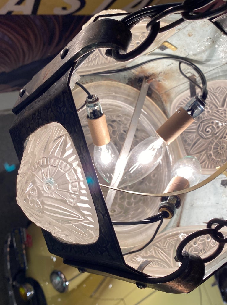 French Iron Art Deco Hanging Light with Muller Style Multiple Glass at ...