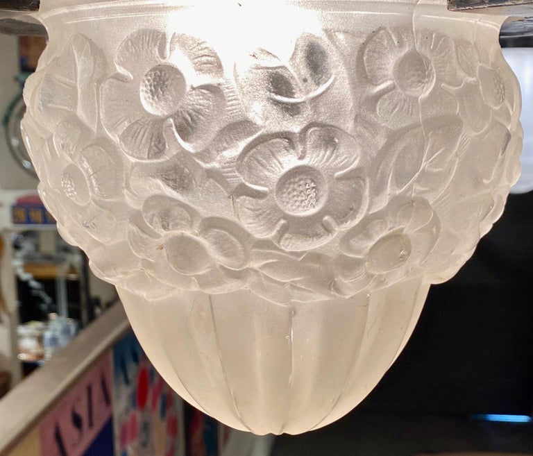 French Iron Art Deco Hanging Light with Muller Style Multiple Glass at ...