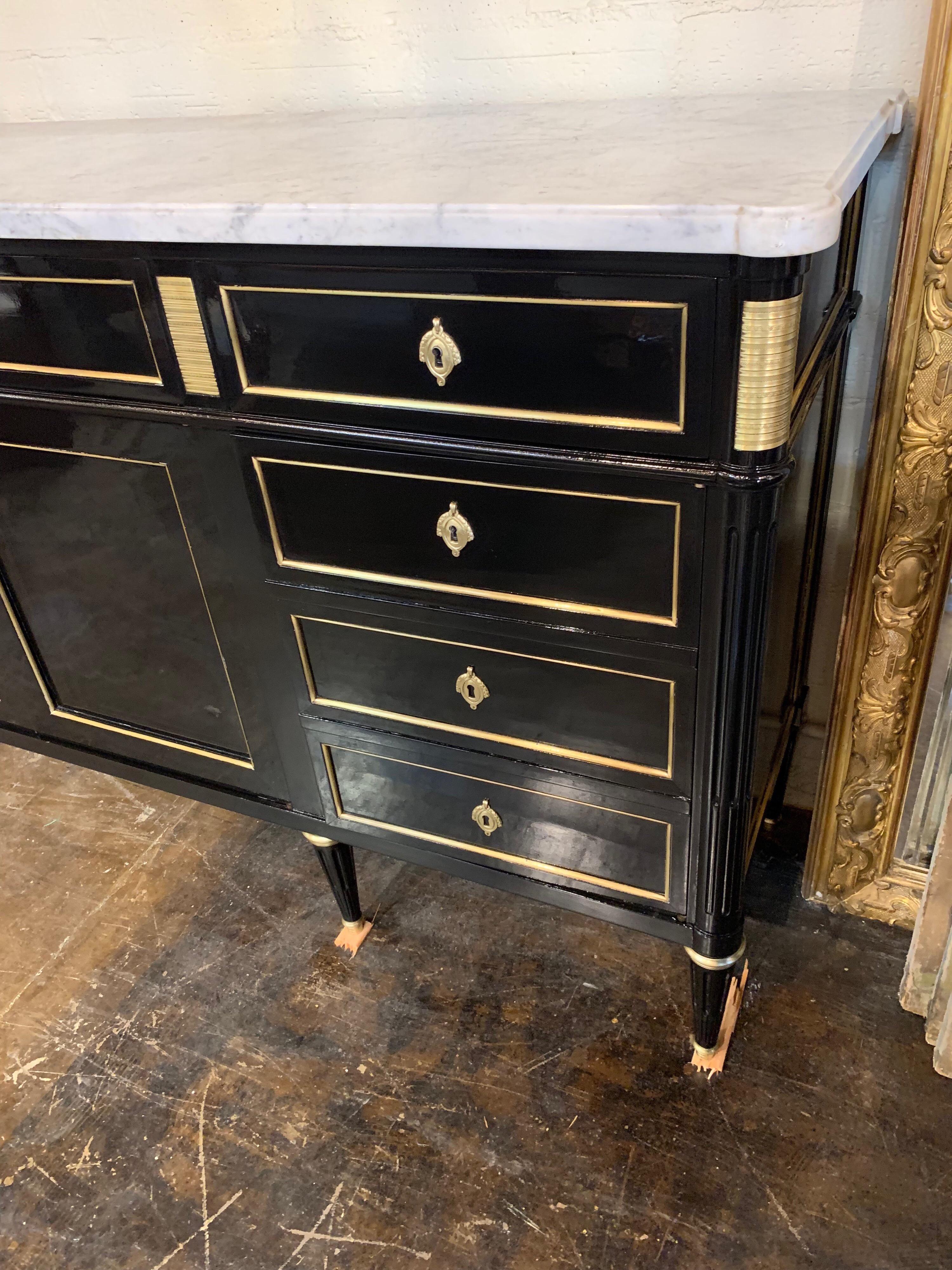 French Jansen Black Lacquered 4 Door Server with Marble Top at 1stDibs
