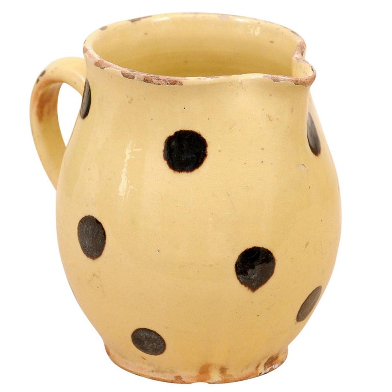French Jaspe Ware 19th Century Yellow Pottery Pitcher with Brown Polka ...