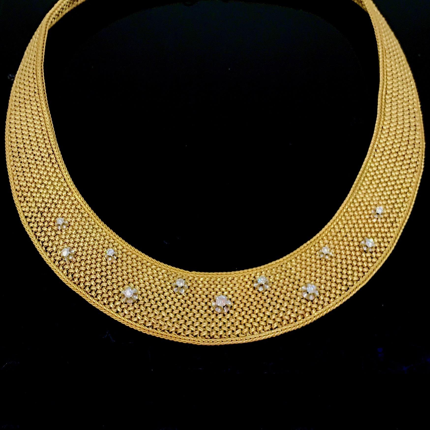 French Large Diamonds Woven Yellow Gold Platinum Collar Necklace For ...