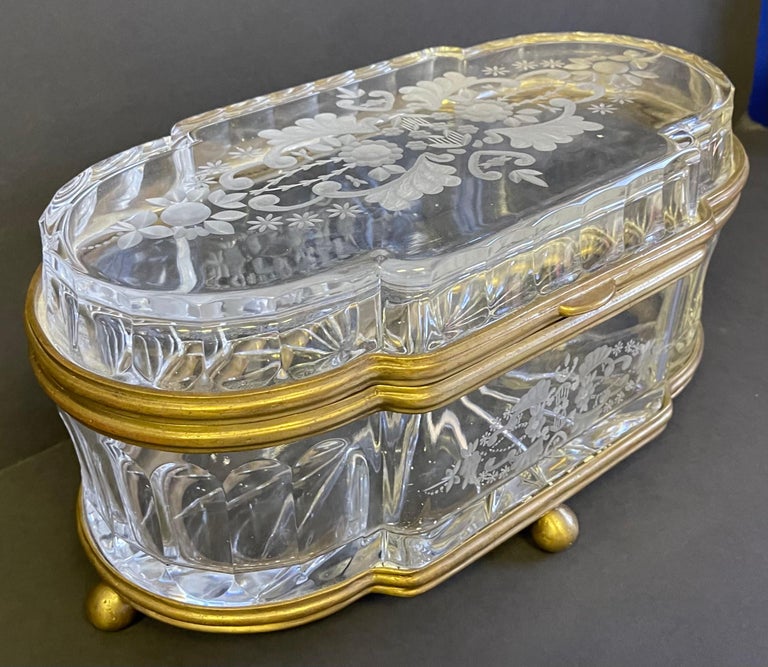French Large Etched Cut Glass and Brass Lozenge Shape Box or Casket For ...