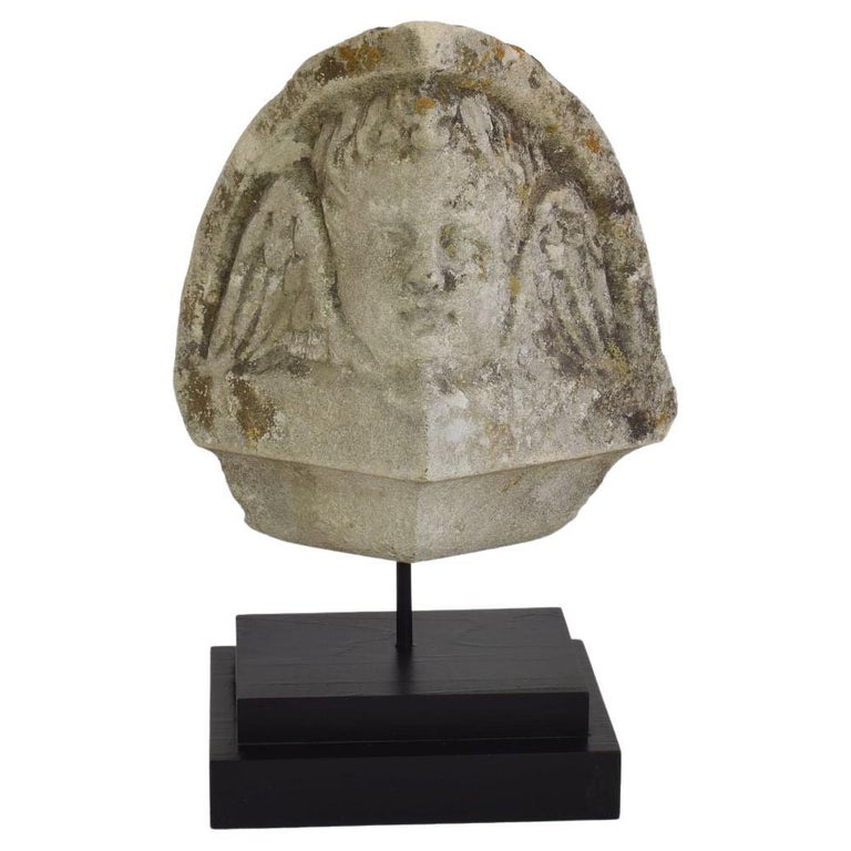 French Late 18th/ Early 19th Century Carved Stone Winged Angel Head For ...