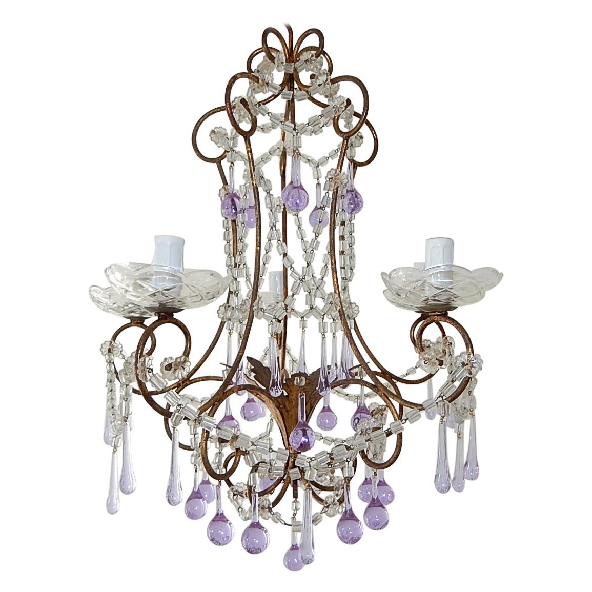 Beaded Pink and Purple Crystal Prisms Chandelier at 1stDibs