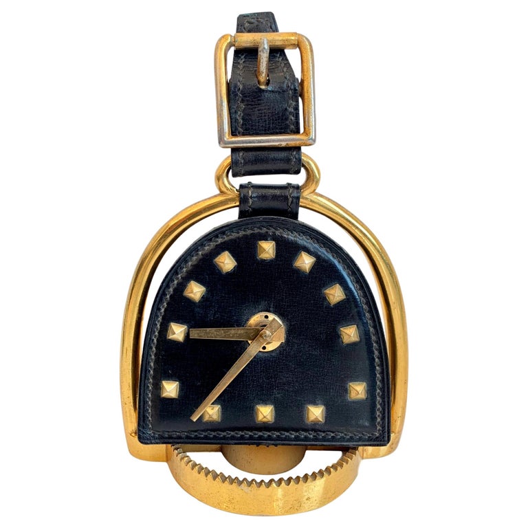 French Leather and Brass Clock in the Style of Jacques Adnet at 1stDibs