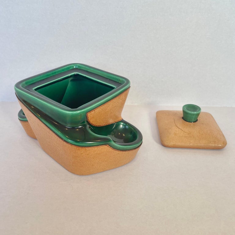 French Leather and Ceramic Stash Jar and Pipe Holder For Sale at 1stDibs