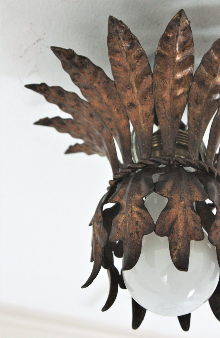French Leaves Bouquet Crown Ceiling Light Fixture in Gilt Metal, 1940s ...