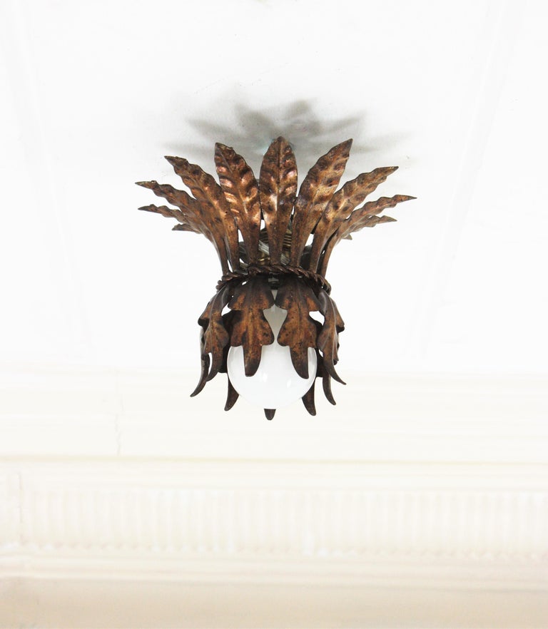 French Leaves Bouquet Crown Ceiling Light Fixture in Gilt Metal, 1940s ...