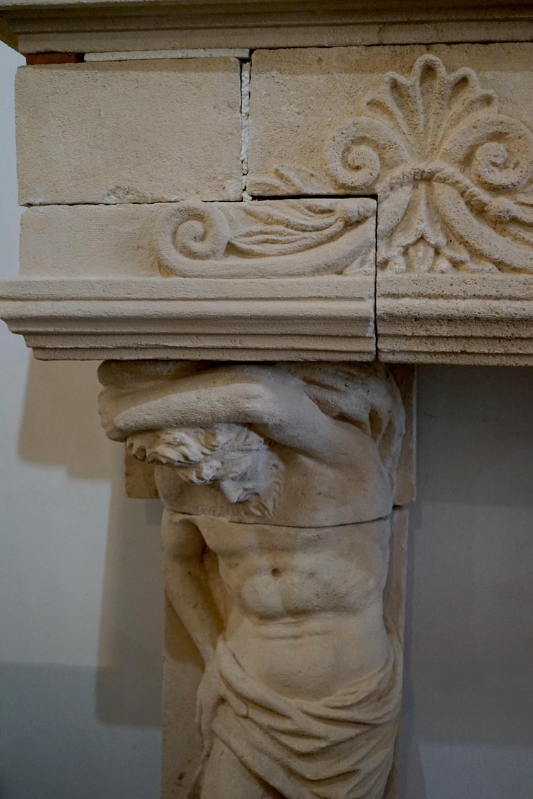 French Limestone Mantel Atlas Atlantes For Sale at 1stDibs